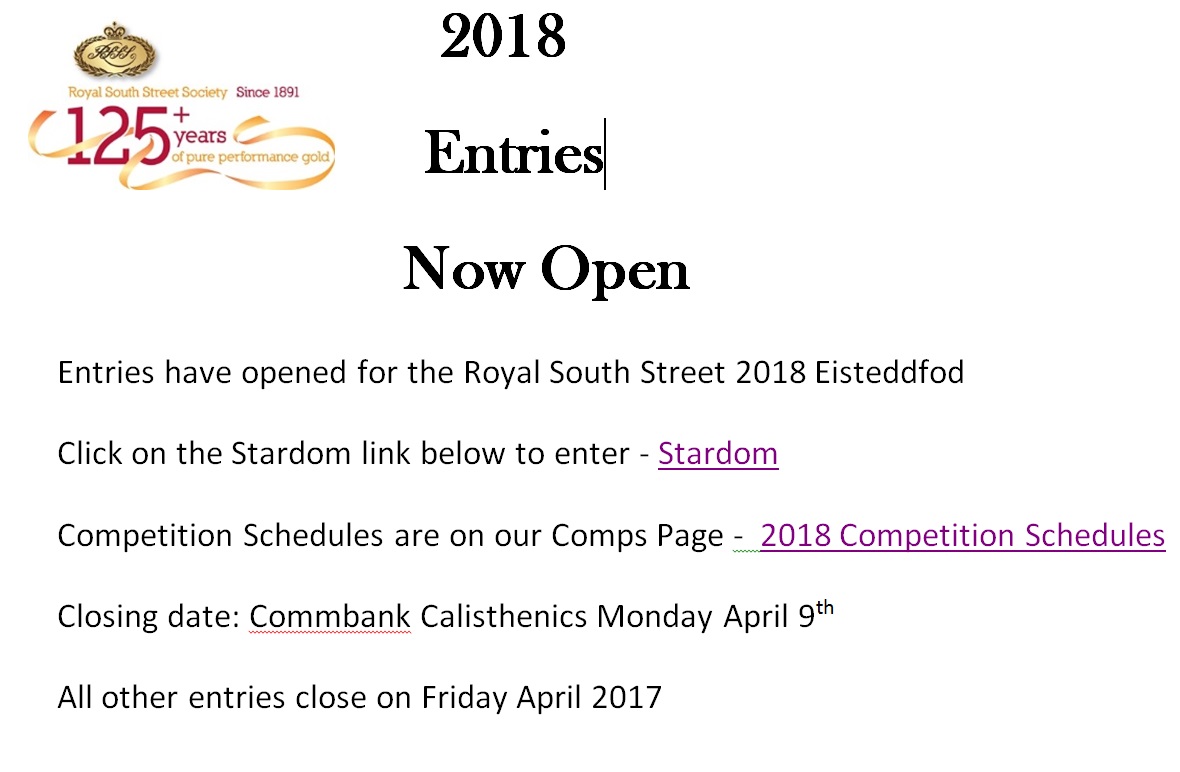 Entries Now Open - Royal South Street Society Eisteddfod Ballarat